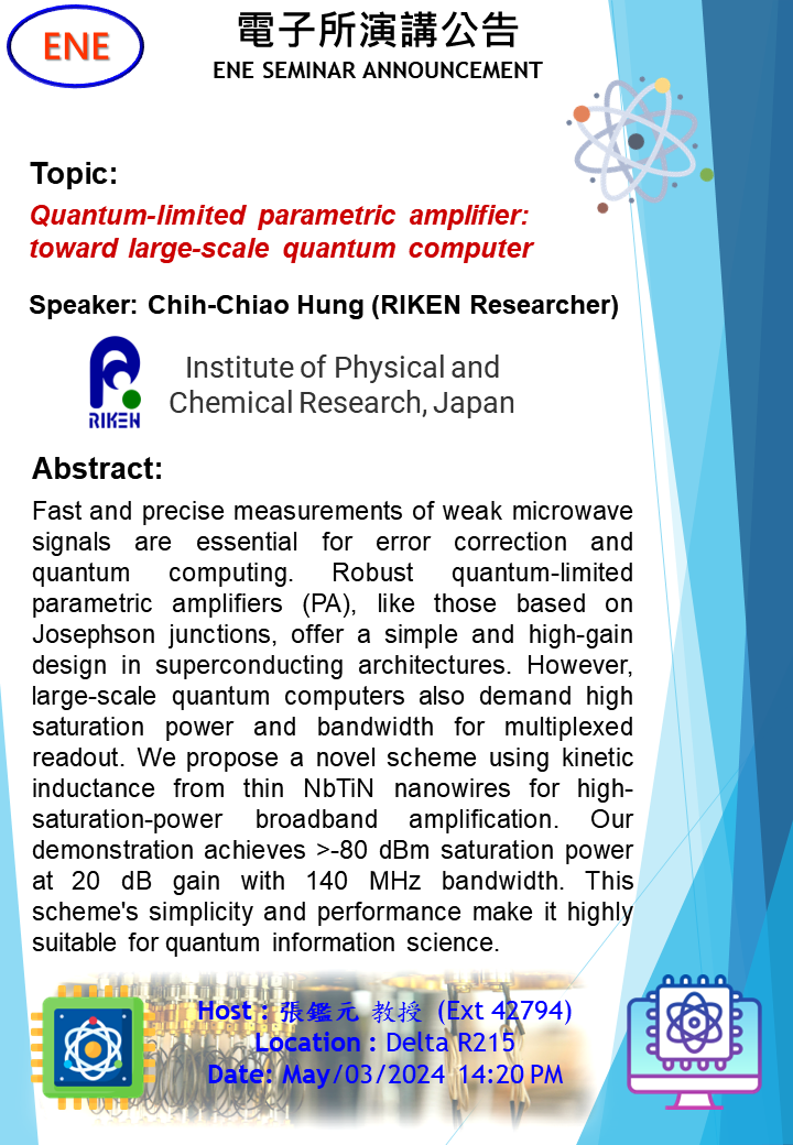 113/05/03(五)演講公告: Quantum-limited parametric amplifier: toward large ...